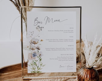 Bar Menu Sign, Printable Wedding Sign, Floral Drinks Menu Template ...