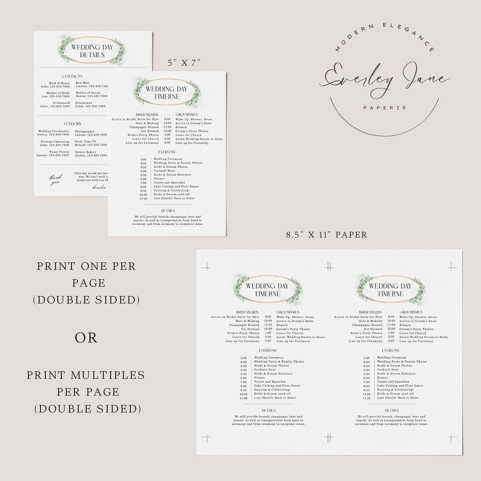 Wedding Party Timeline Printable Wedding Day Schedule Eucalyptus Bridal ...
