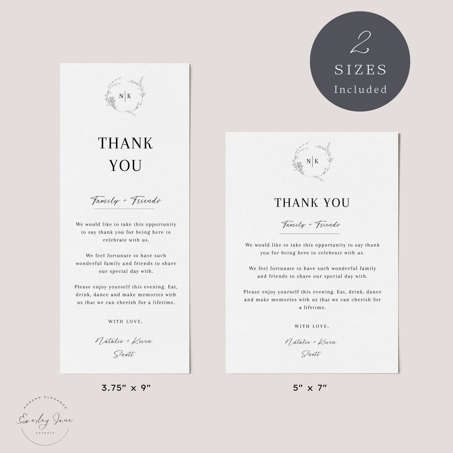 Monogram Wedding Thank You Table Card, Thank You Napkin Note, Printable ...