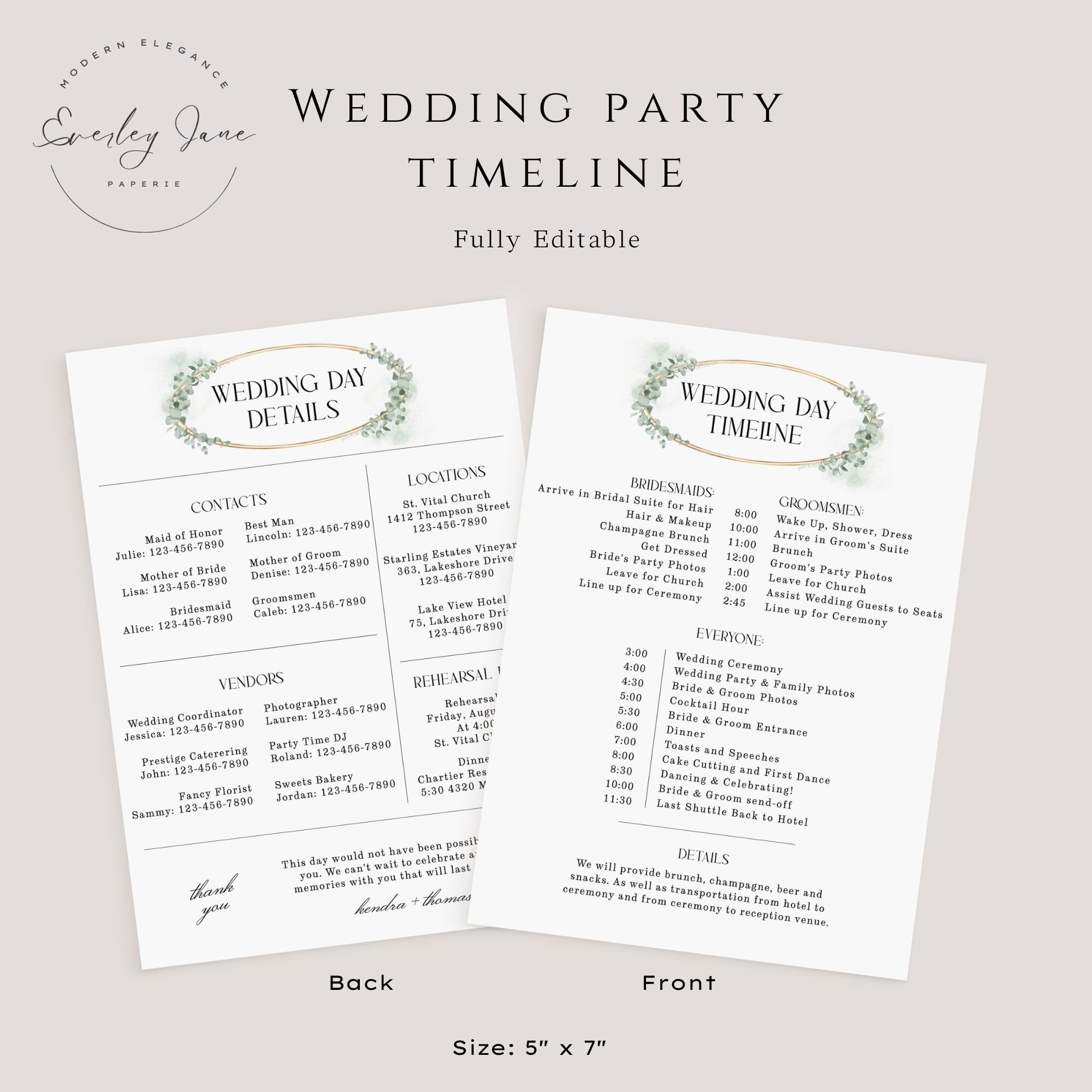 Wedding Party Timeline Printable Wedding Day Schedule Eucalyptus Bridal ...