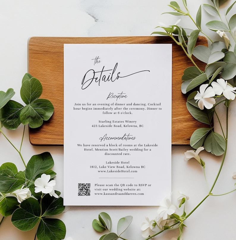 Minimalist Wedding Details Card Template, Details Card With QR Code, Editable, Printable Wedding ...