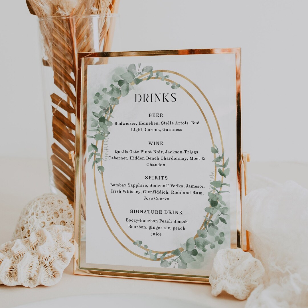 Wedding Bar Menu Printable Bar Sign Eucalyptus Editable Bar Menu ...