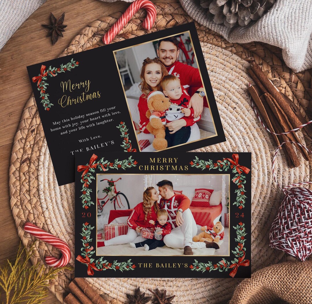 Christmas Card Template 2024, Holiday Photo Card, Red Bow Christmas ...