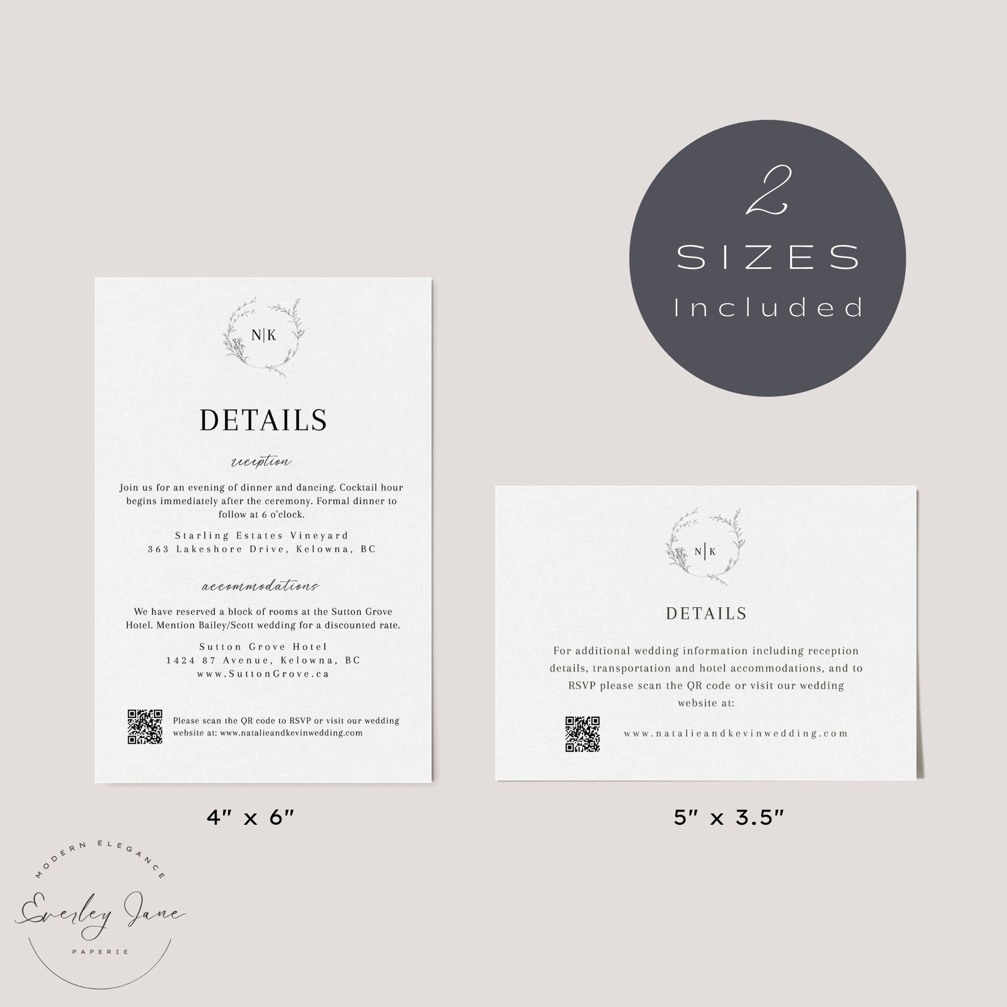 Monogram Wedding Details Card Template, Elegant Botanical Wedding Invite Enclosure, QR Code ...