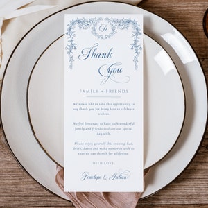 Wedding Table Thank You Note, Table Setting Thank You Card, Blue French ...