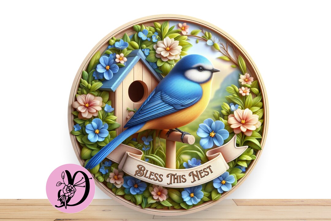 Blue Bird With Bird House Wreath Sign, God Bless This Nestflat Round ...