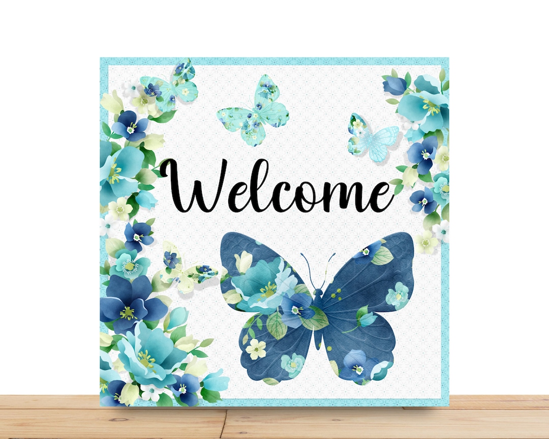 Butterfly Wreath Sign, Welcome Butterfly Square Metal Sign, Sign for ...
