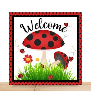Ladybug Wreath Sign, Welcome Ladybug Square Metal Sign, Sign for Wreath ...