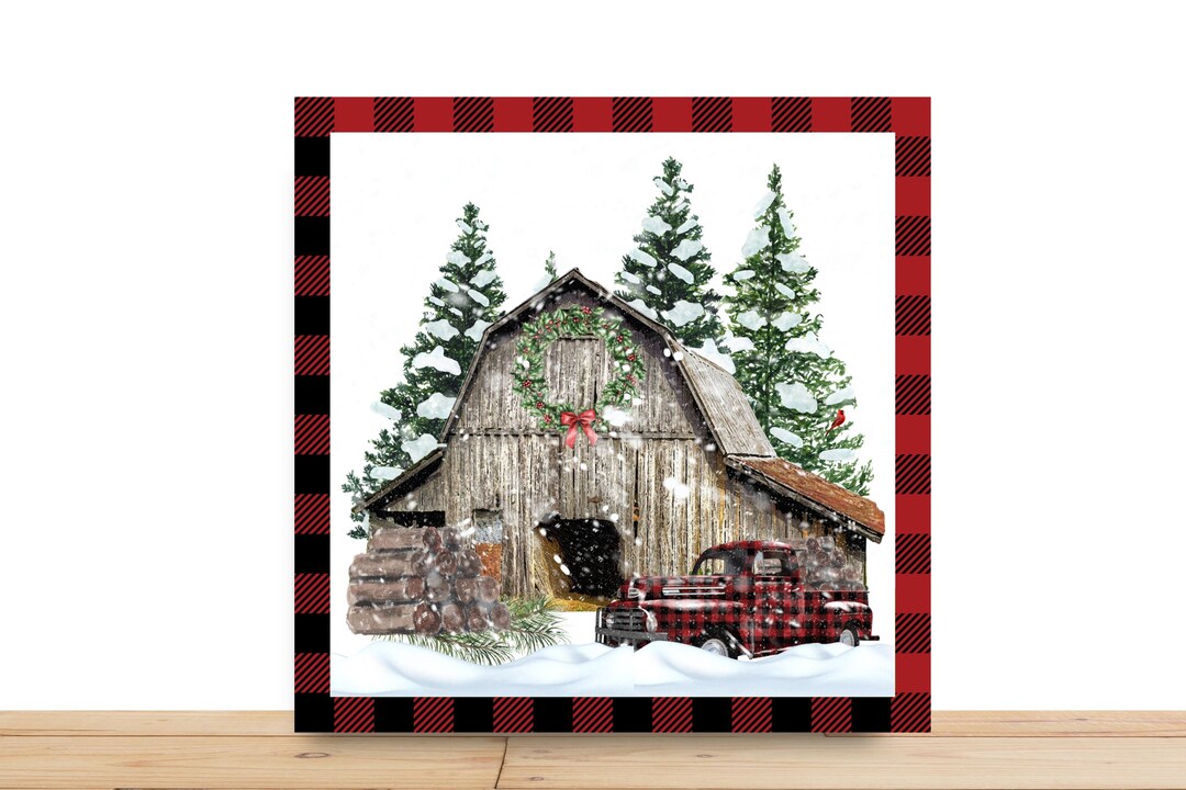 Farmhouse Buffalo Check Christmas Wreath Sign, Square Metal Sign, Sign ...