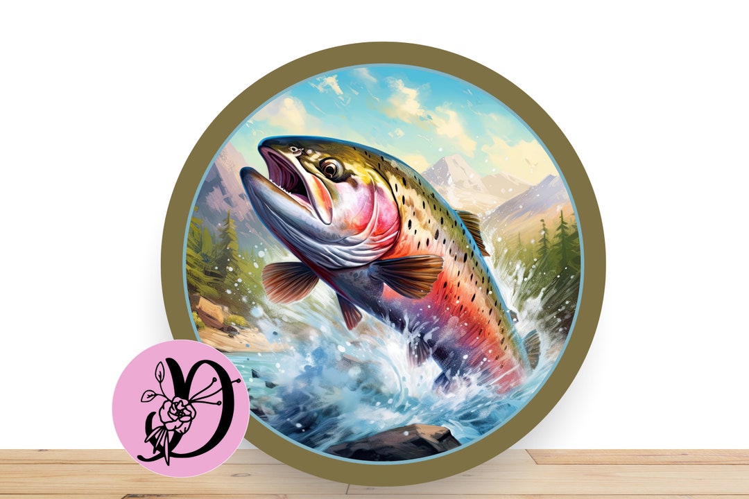 Trout Fishing Wreath Sign, Trout Fishing Round Metal Sign, Sign for ...