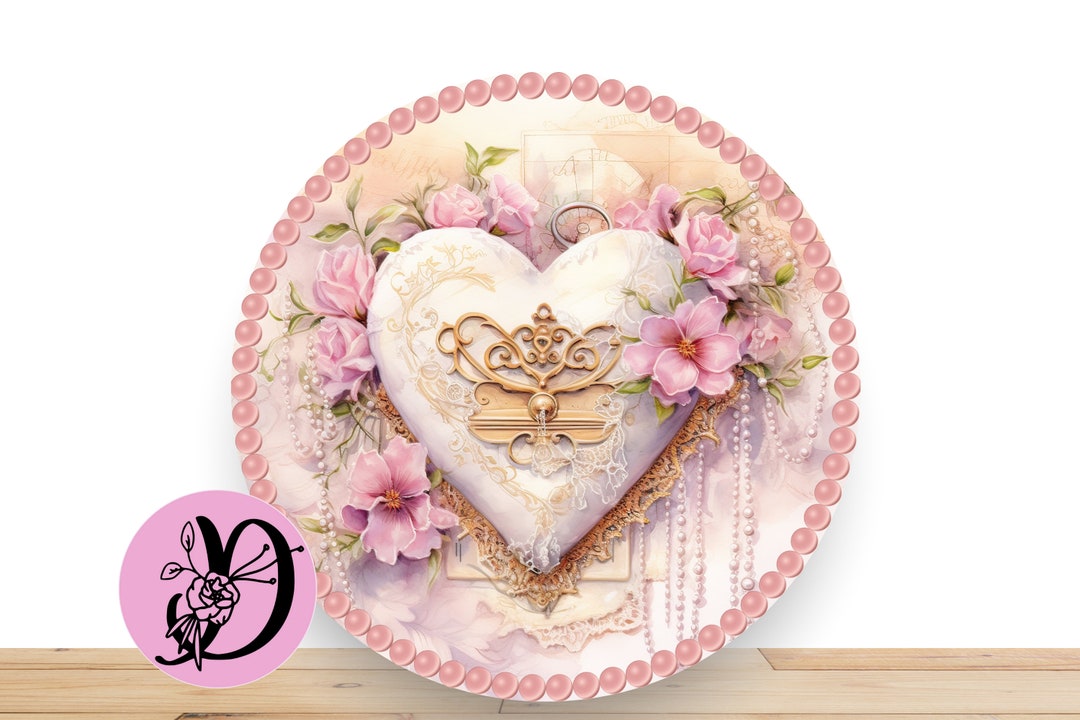 Valentine Pink Roses and Perals Wreath Sign, Round Flat Aluminum Sign ...