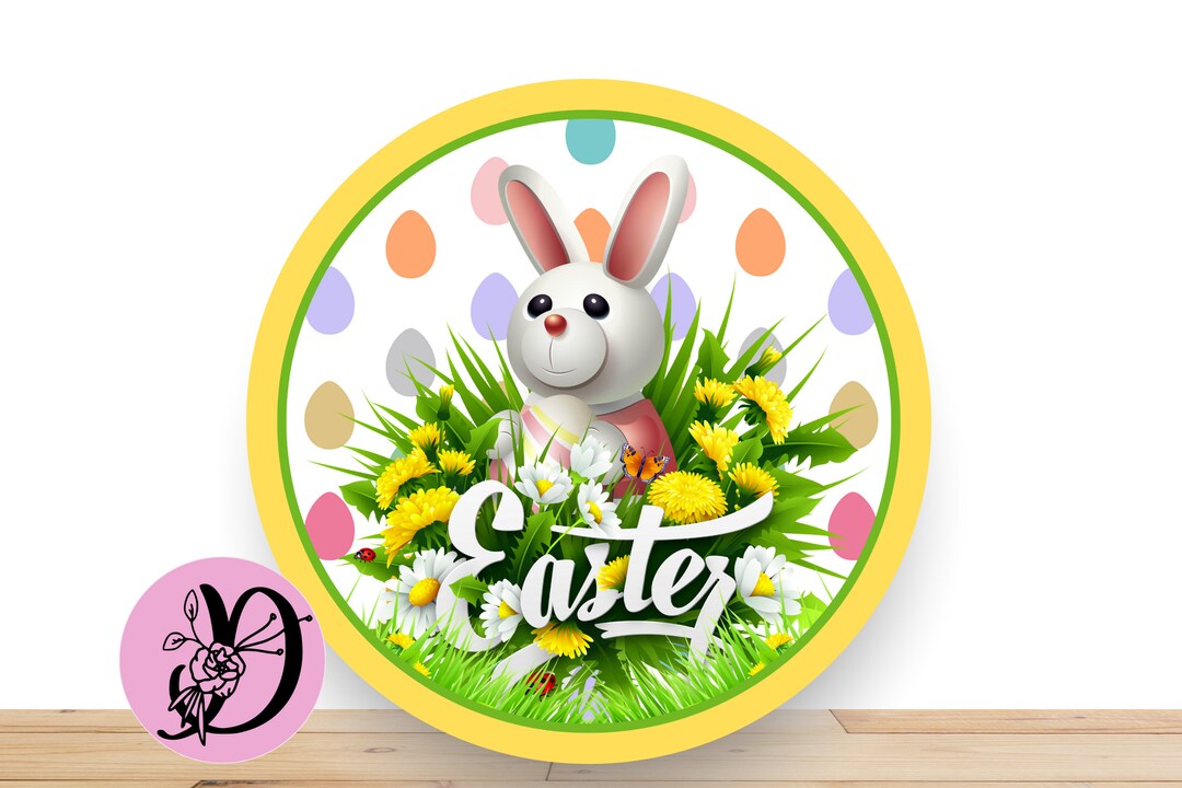 Easter Wreath Sign, Bunny With Flowers and Eggs Wreath Sign, Flat Round ...
