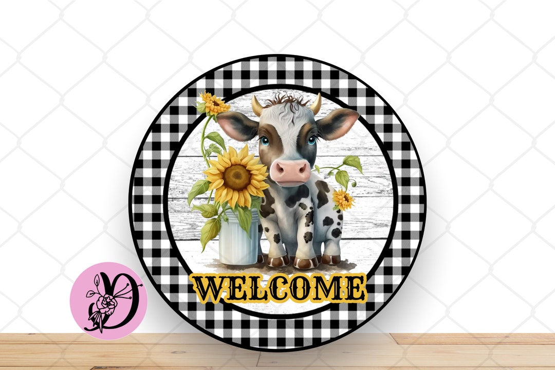 Cow Sunflower Wreath Sign, Welcome Cow Round Metal Wreath Sign, Sign ...