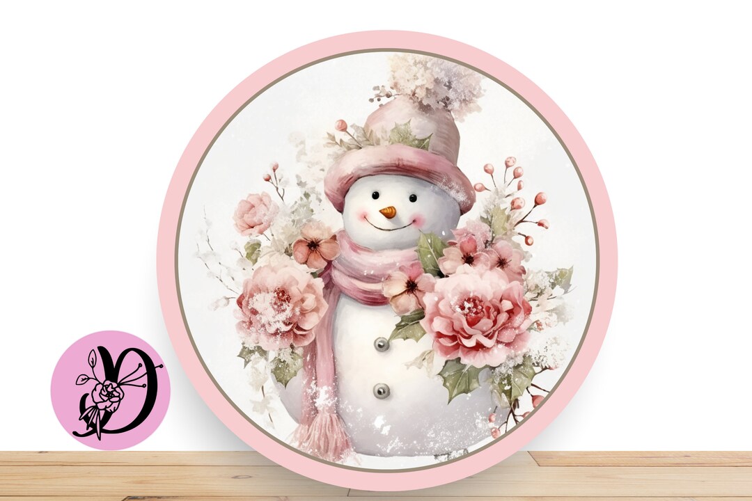 Christmas Wreath Sign - Pink and White Snowman, Pink Floral, Snowy ...