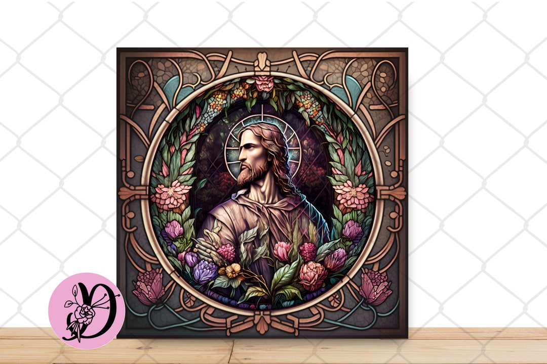 Jesus Wreath Sign, Jesus Stained Glass Square Metal Sign, Sign for ...