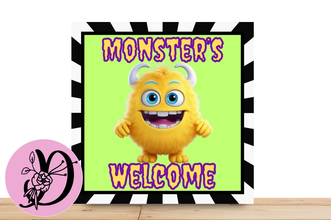 Halloween Monsters Welcome Wreath Sign, Yellow Monster With Lime Green ...