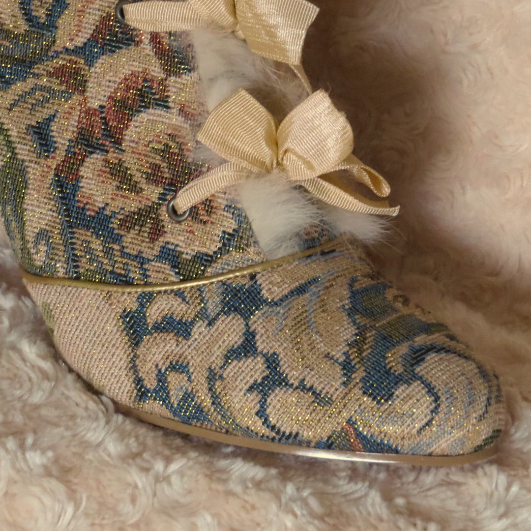 Brocade Heeled Boots Trimmed in Rabbit Fur UNWORN - Etsy