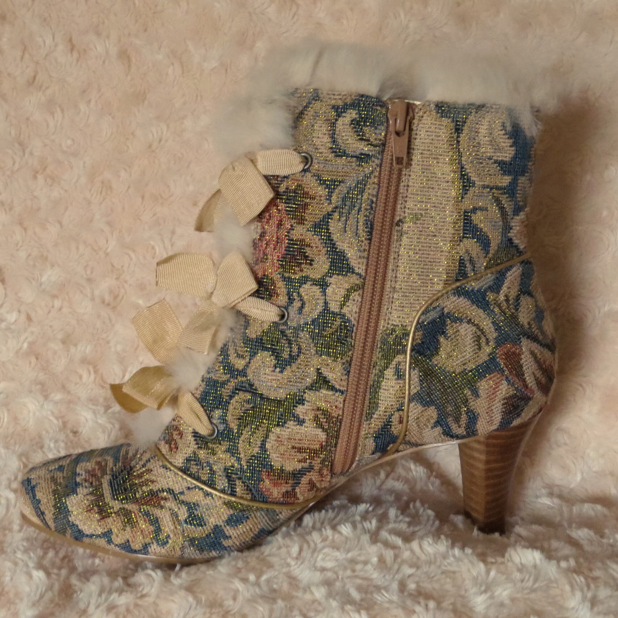 Brocade Heeled Boots Trimmed in Rabbit Fur UNWORN - Etsy
