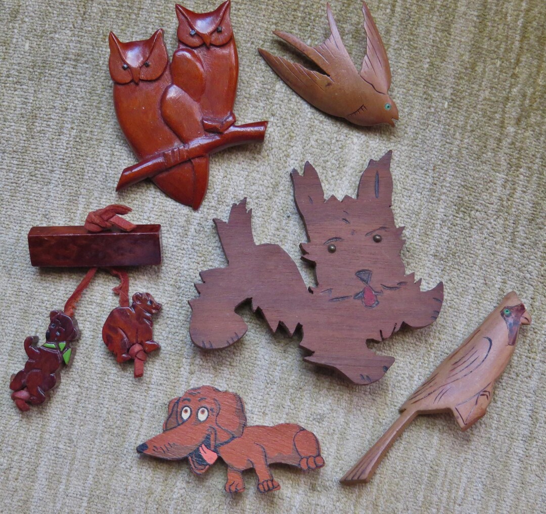 Vintage Wooden Animal Pins- Owls, Scottie, Bears, Swallow, Cardinal ...
