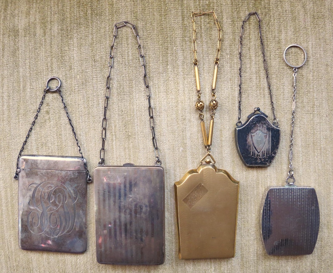 Antique Metal Purse Compacts and Card Case on Chains - Etsy