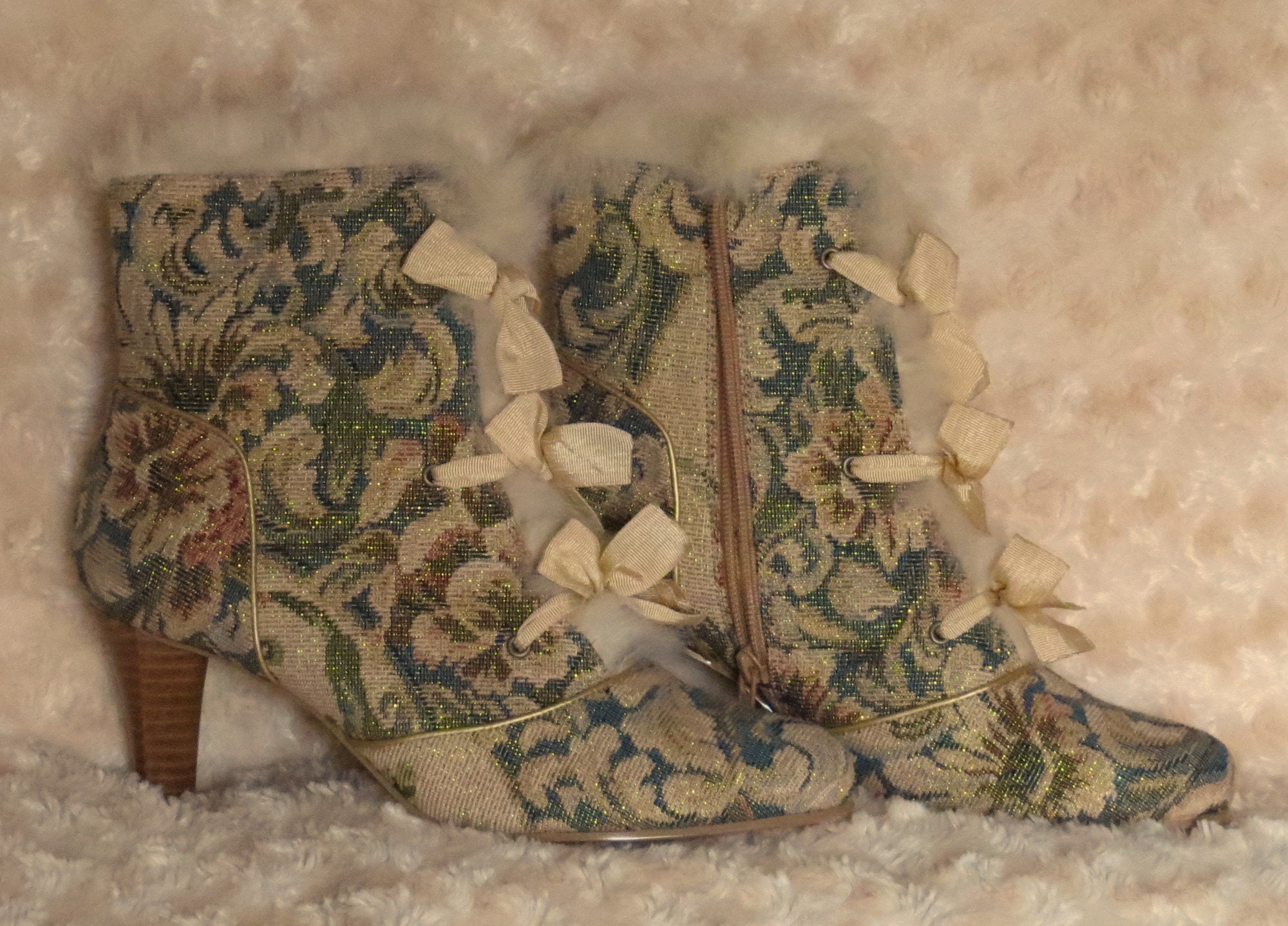 Brocade Heeled Boots Trimmed in Rabbit Fur UNWORN - Etsy