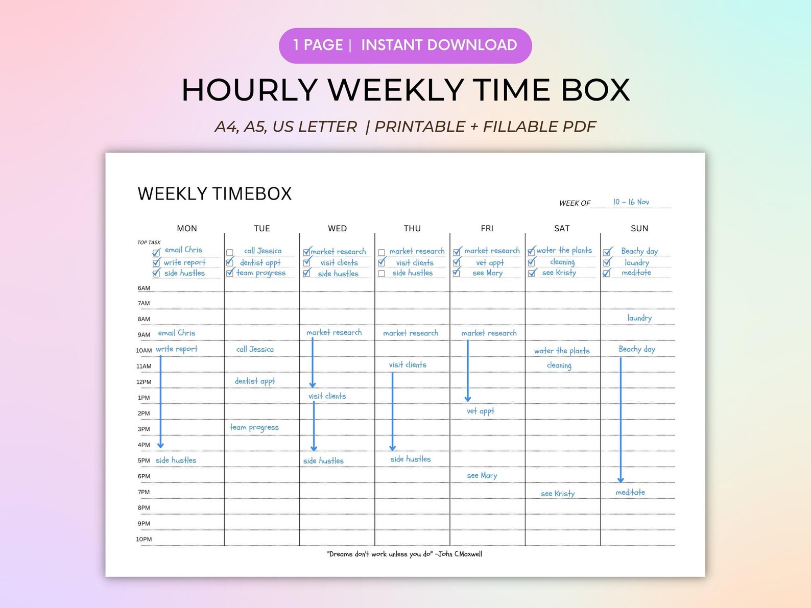 Weekly Timebox Planner, Fillable + Printable PDF, Hourly Weekly Time ...