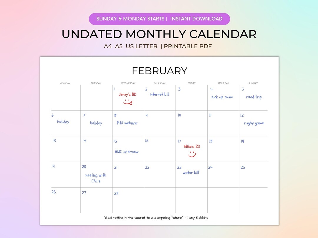 Undated Monthly Planner Printable With Motivational Quotes, Month at a ...