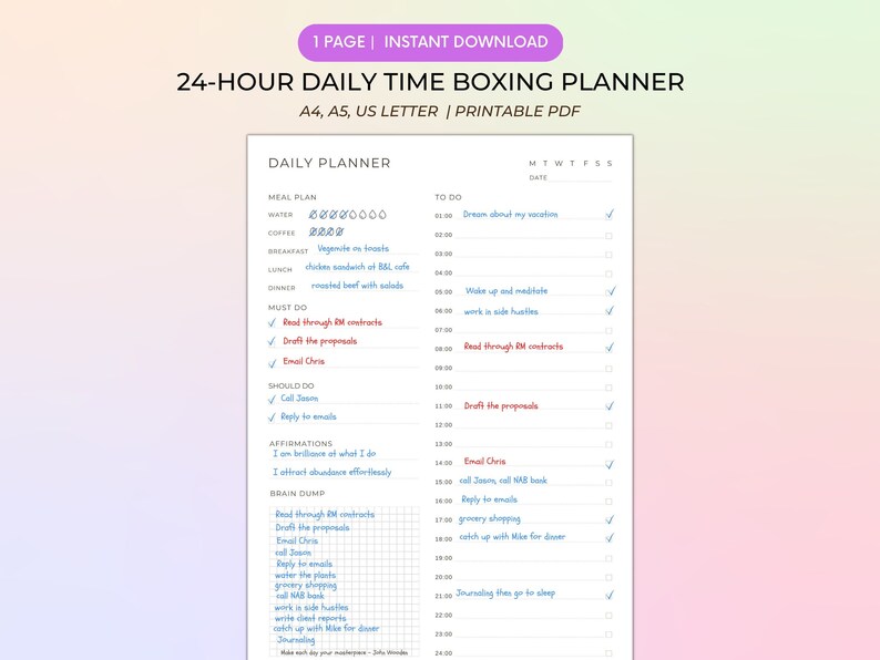 24-hour Daily Timebox Planner, Printable PDF, Time Block Journal, Daily Meal Plan, Daily ...