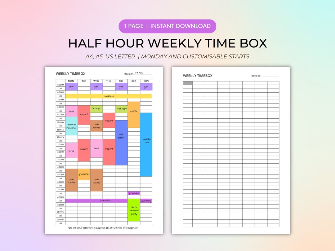 Half Hour Weekly Timebox Planner, Printable, Annotation App Friendly ...