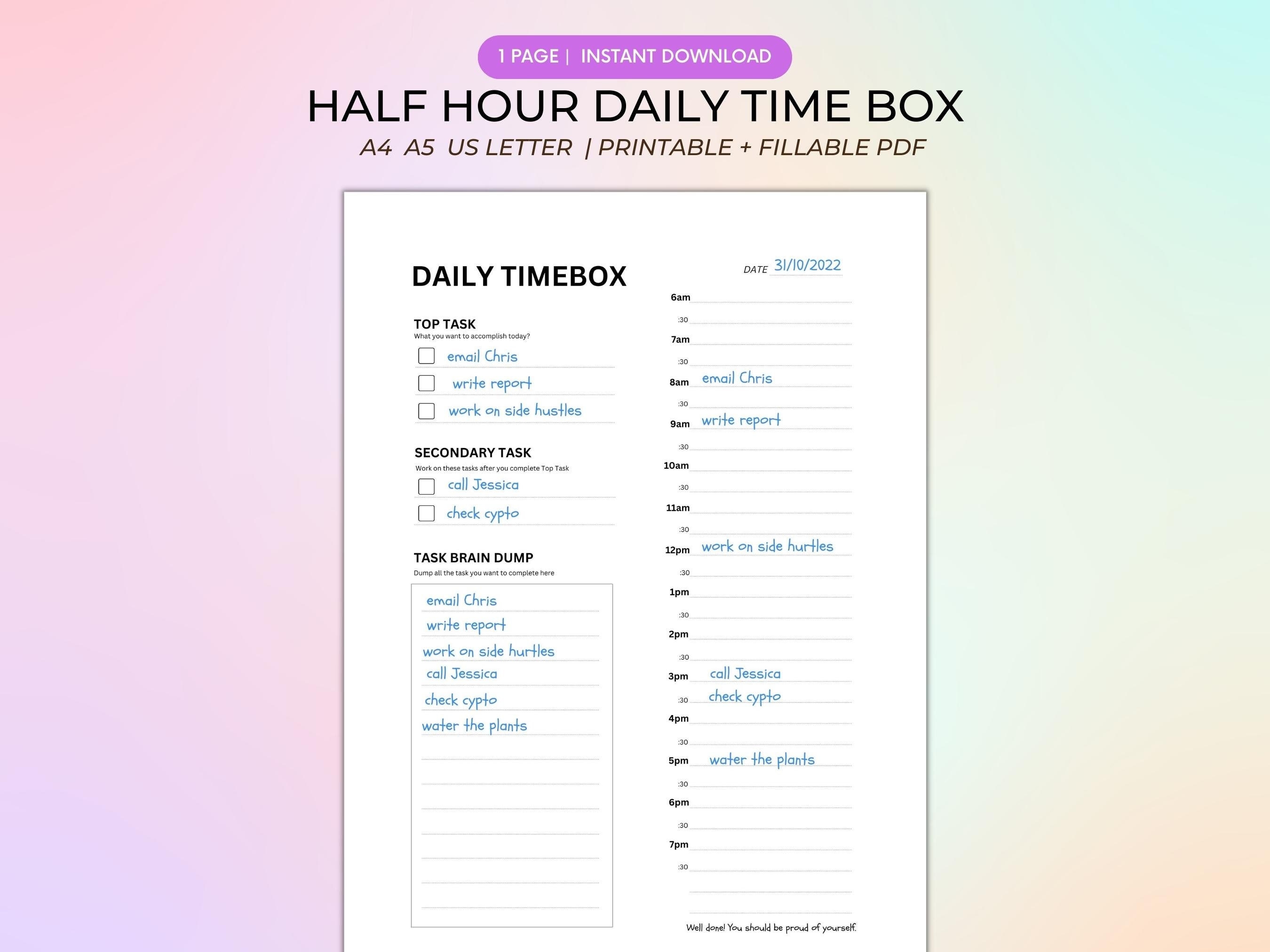 Daily Timebox Planner Fillable Printable PDF Time Block - Etsy Australia