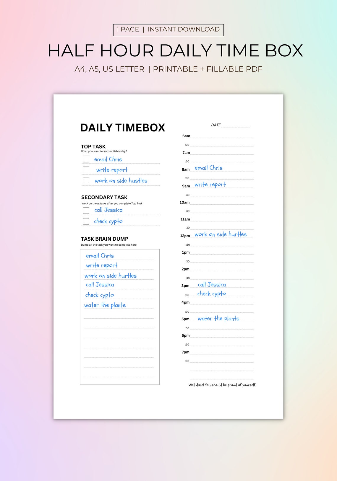 Daily Timebox Planner Fillable Printable PDF Time Block - Etsy Canada