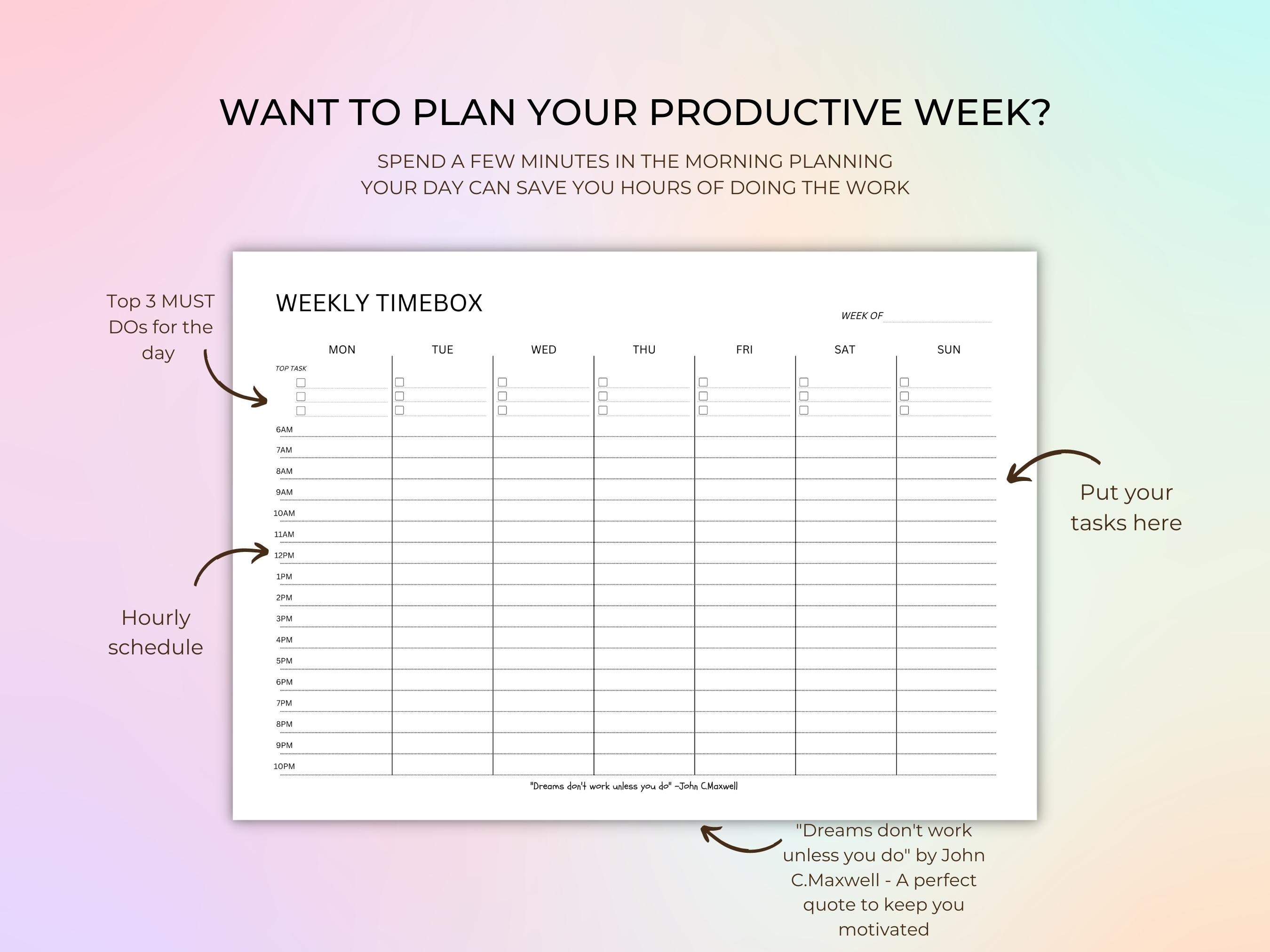 Weekly Timebox Planner, Fillable Printable PDF, Hourly Weekly Time ...