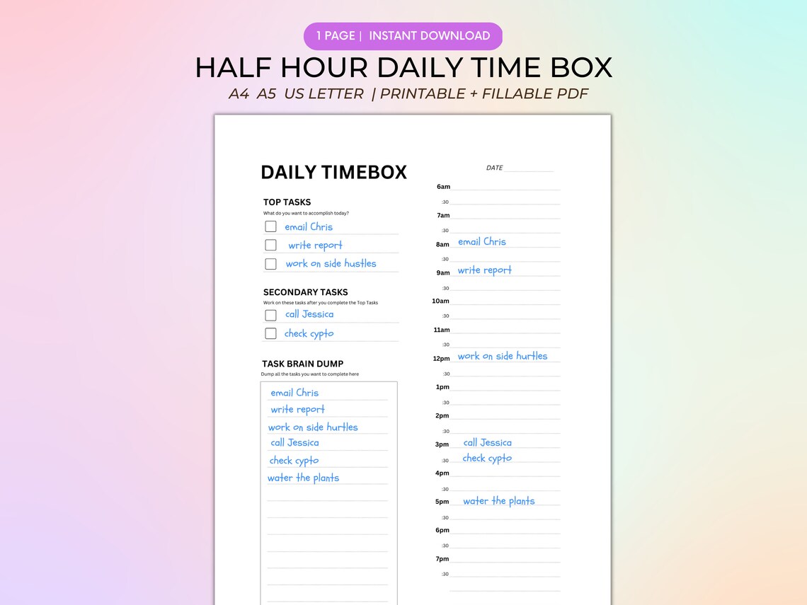 Daily Timebox Planner Fillable Printable PDF Time Block - Etsy Daily Timebox Planner Fillable Printable PDF Time Block - Etsy