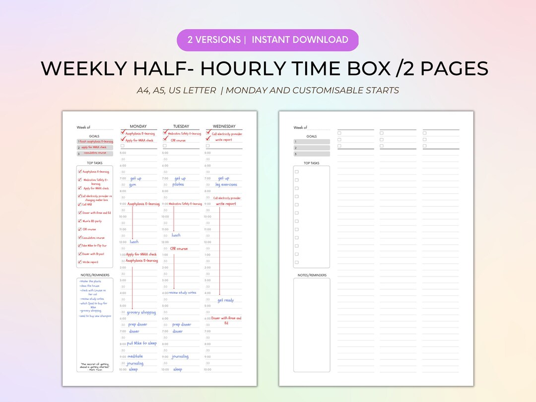 Half Hour and Customizable Weekly Timebox Planner, Printable ...
