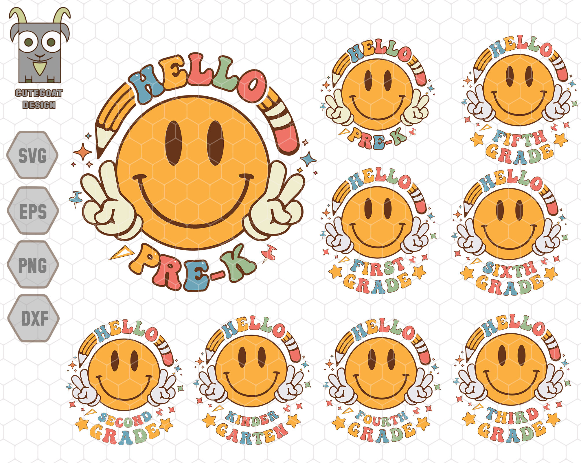 Hello Back to School Svg Bundle, Retro Smileys Svg , Kindergarten Svg ...
