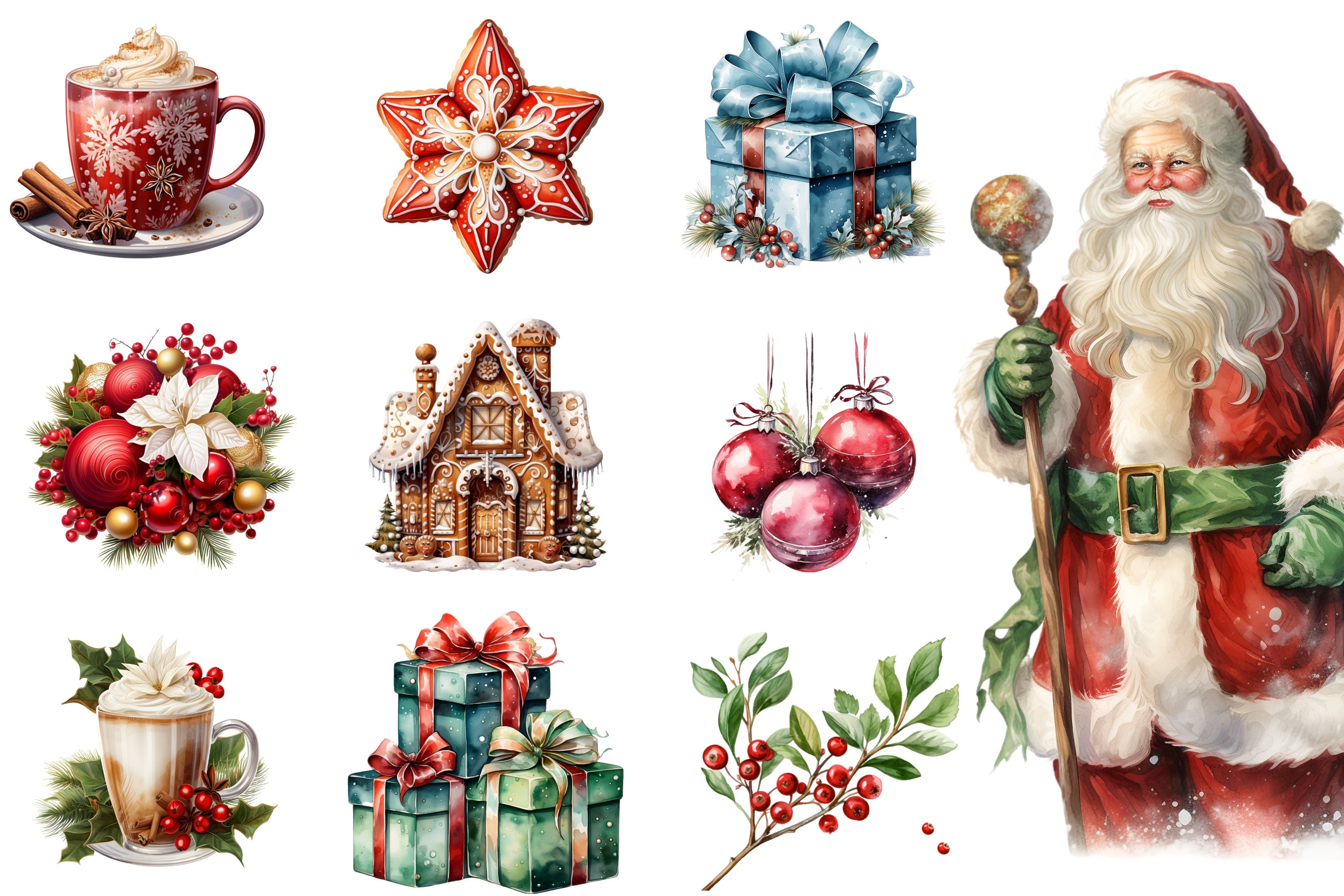 Christmas Bundle Clipart Watercolour, Santa Clipart, Christmas Clipart ...