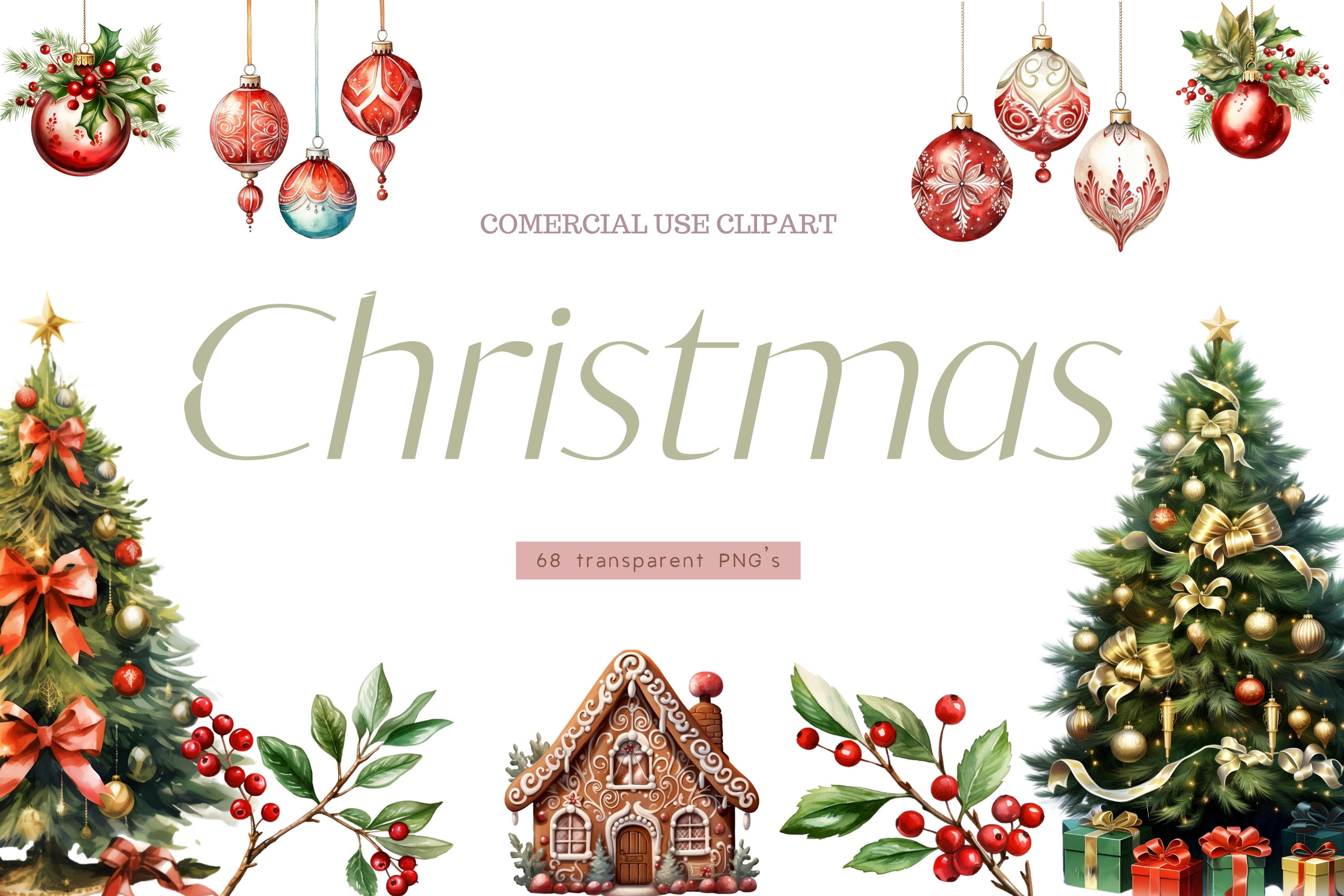 Christmas Bundle Clipart Watercolour, Santa Clipart, Christmas Clipart ...