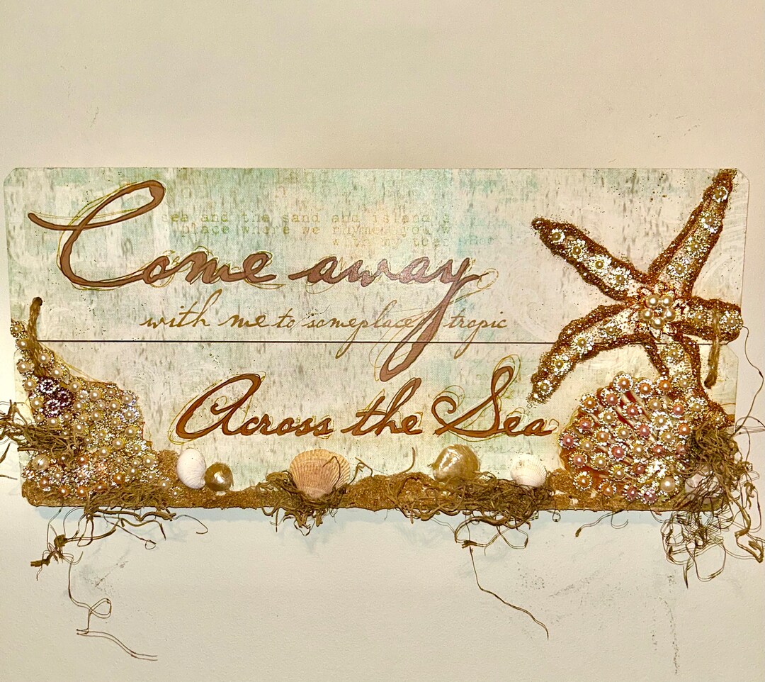 Beach Wooden Wall Plaque One of a Kind Shells Pearls Rhinestones Grass ...