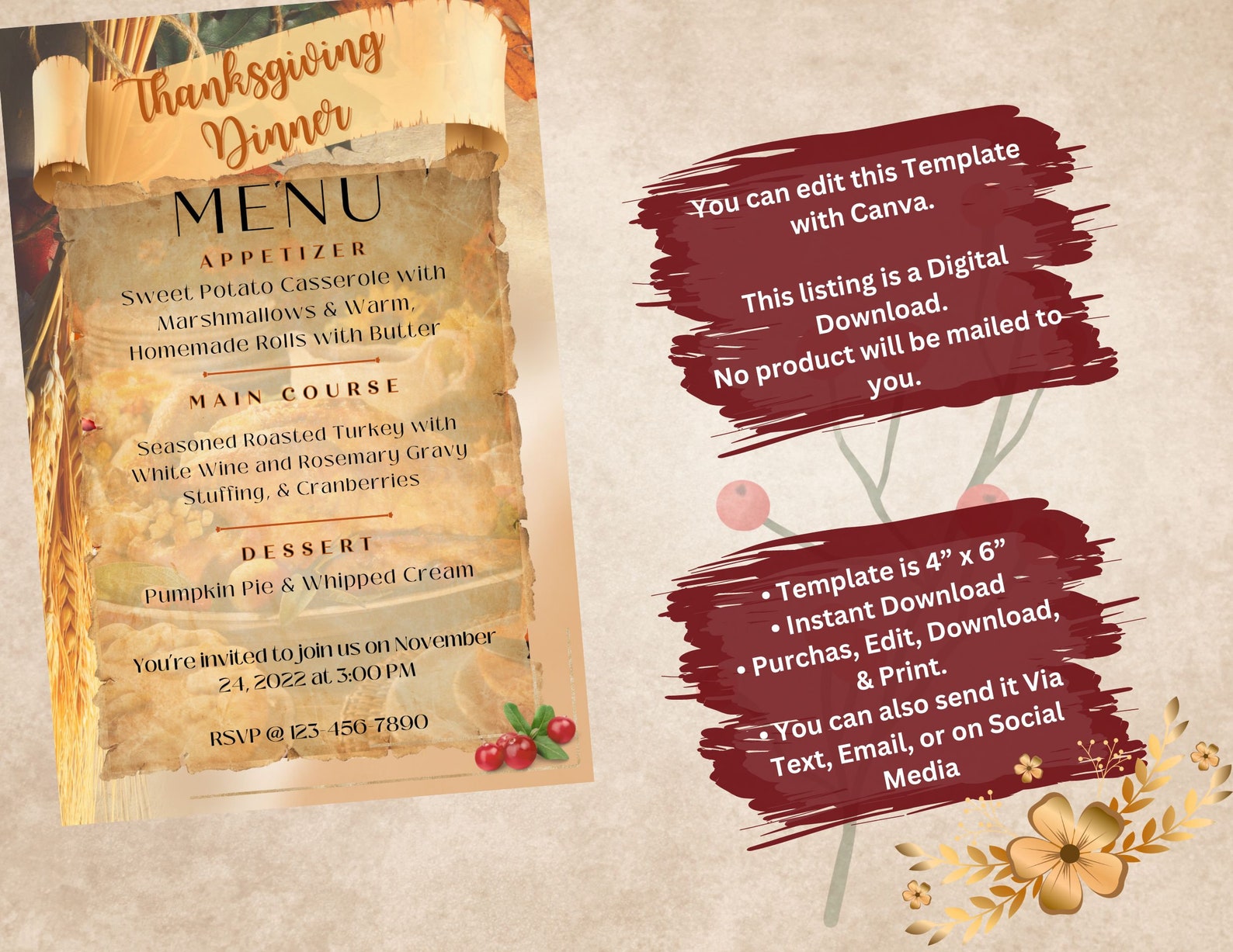 Thanksgiving Dinner Menu Template, Printable Thanksgiving Dinner Menu ...