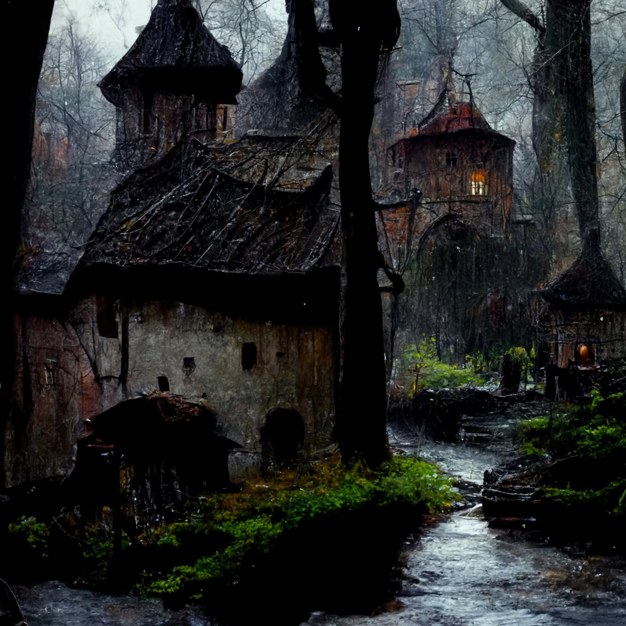 Dark Rainy Medieval Village Art Print | Fantasy Forest Wall Art ...