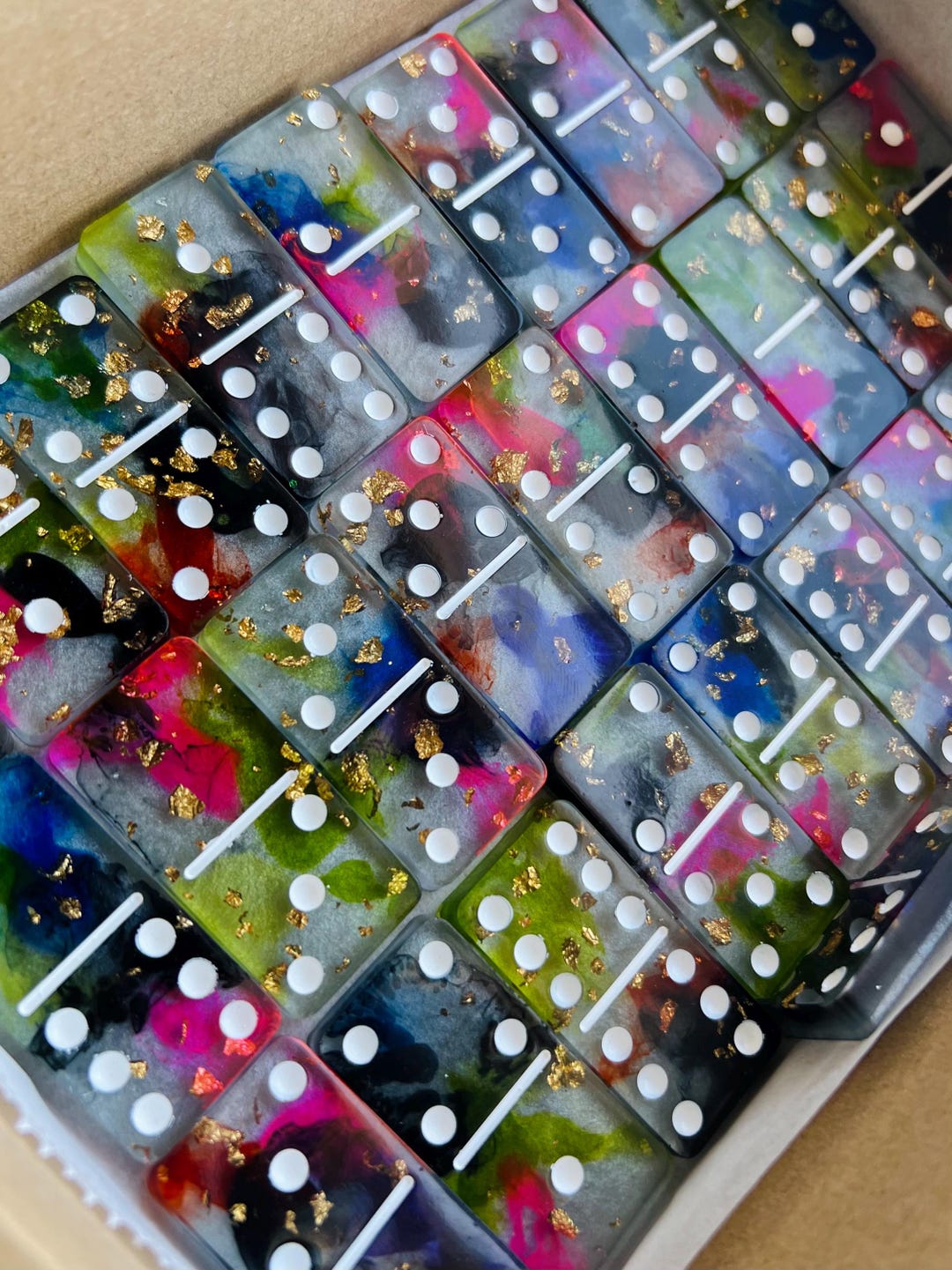 Handmade Resin Domino Set – Colorful Abstract Design With Gold Flakes ...