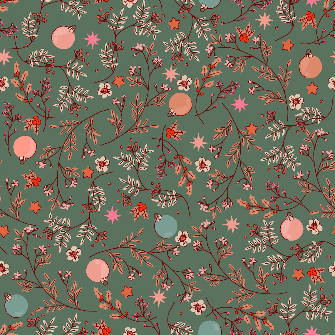 Hand Drawn Whimsical Wrapping Paper | Green Ornaments - Etsy