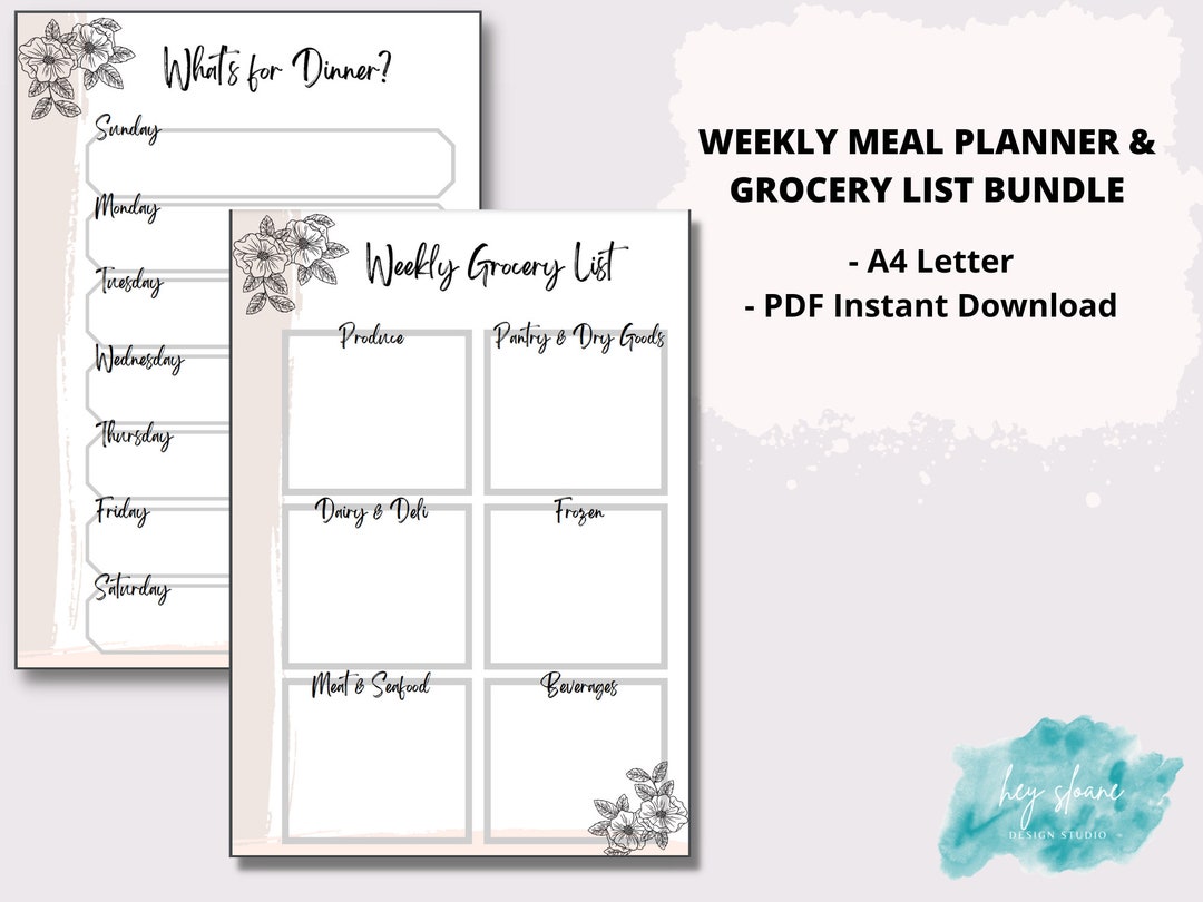 INSTANT DOWNLOAD Weekly Meal Planner Printable, Grocery List Template ...