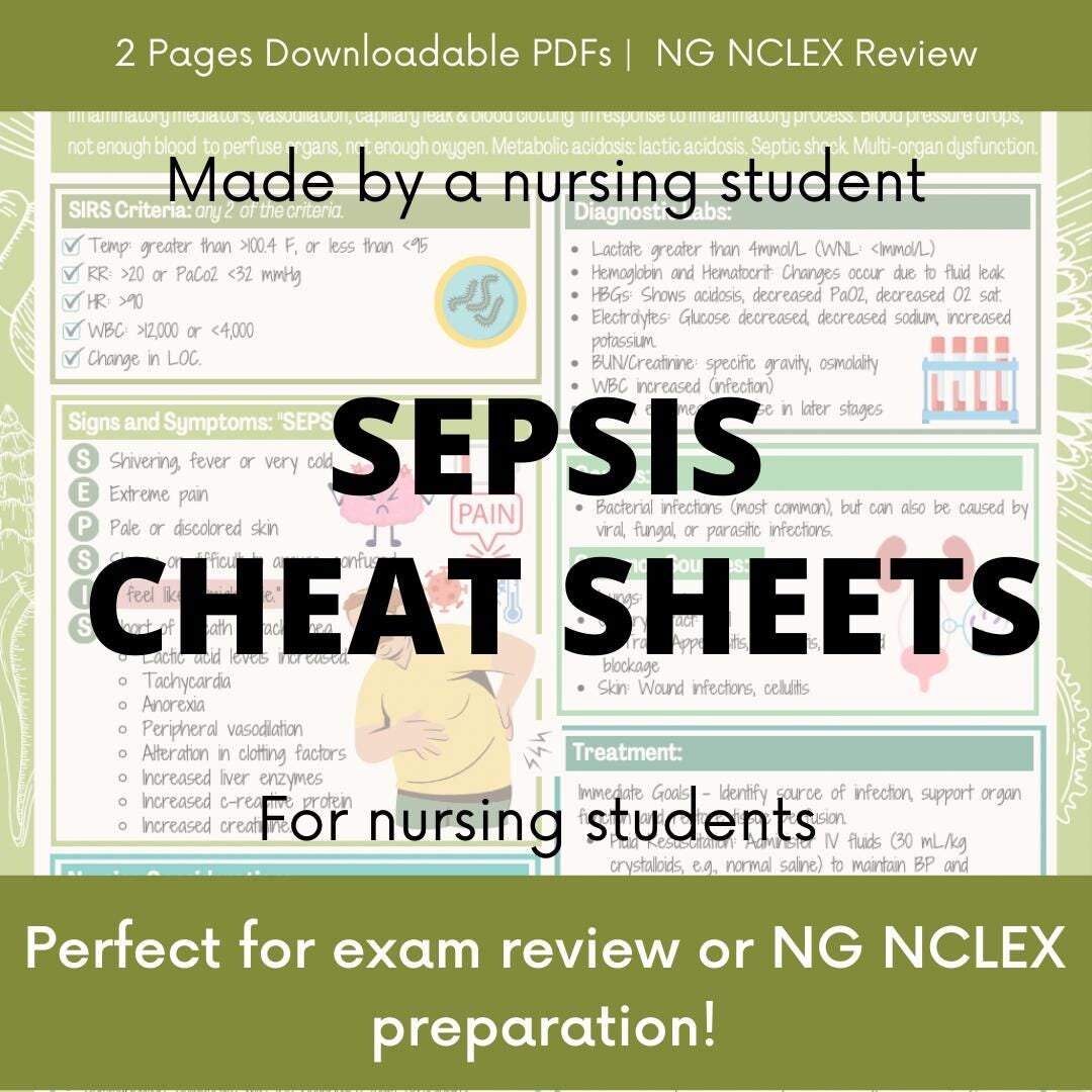Sepsis 2 Page Cheat Sheets PDF! Made for Nursing Students BY a Nursing ...