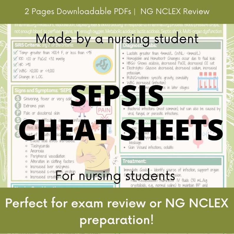 Sepsis 2 Page Cheat Sheets PDF! Made for Nursing Students BY a Nursing ...