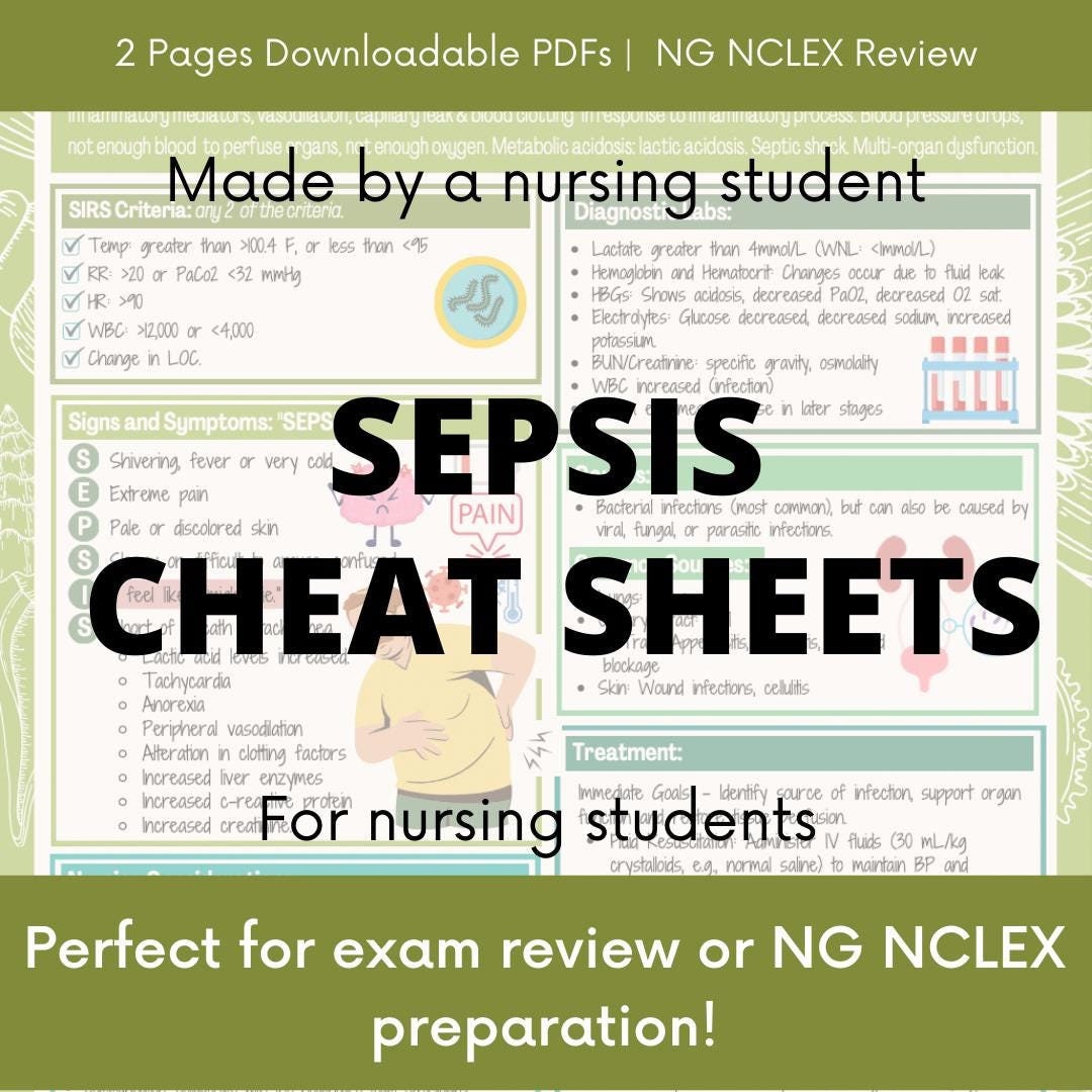 Sepsis 2 Page Cheat Sheets PDF! Made for Nursing Students BY a Nursing ...