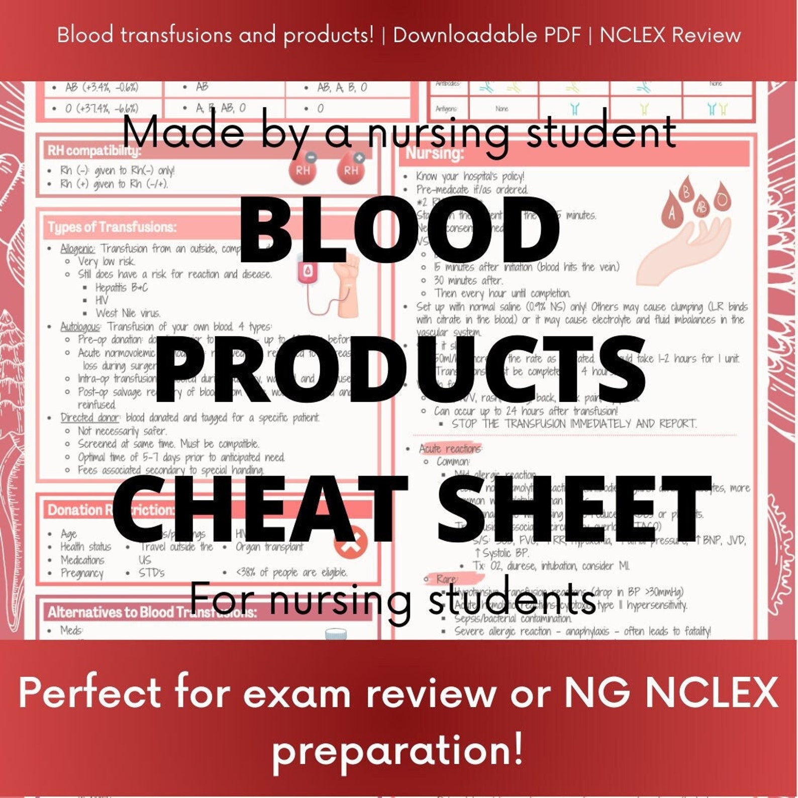Blood Products Cheat Sheet PDF for Nursing Students! Made by a Nursing ...