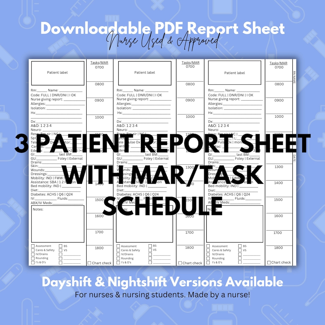3 Patient Report Sheet With Mar/task Schedule Downloadable PDF for ...