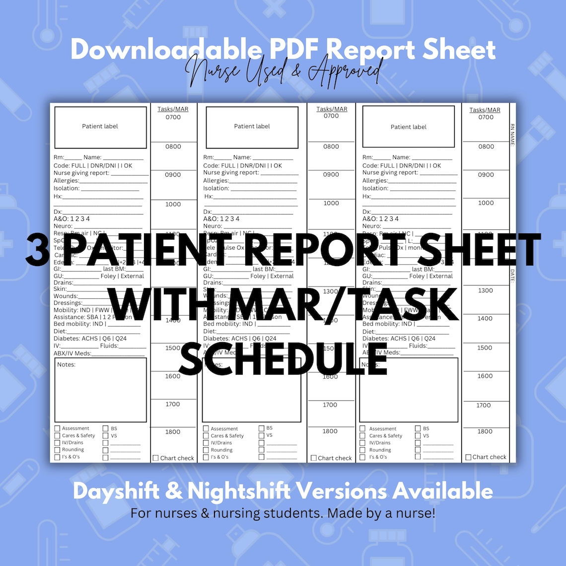 3 Patient Report Sheet With Mar/task Schedule Downloadable PDF for ...