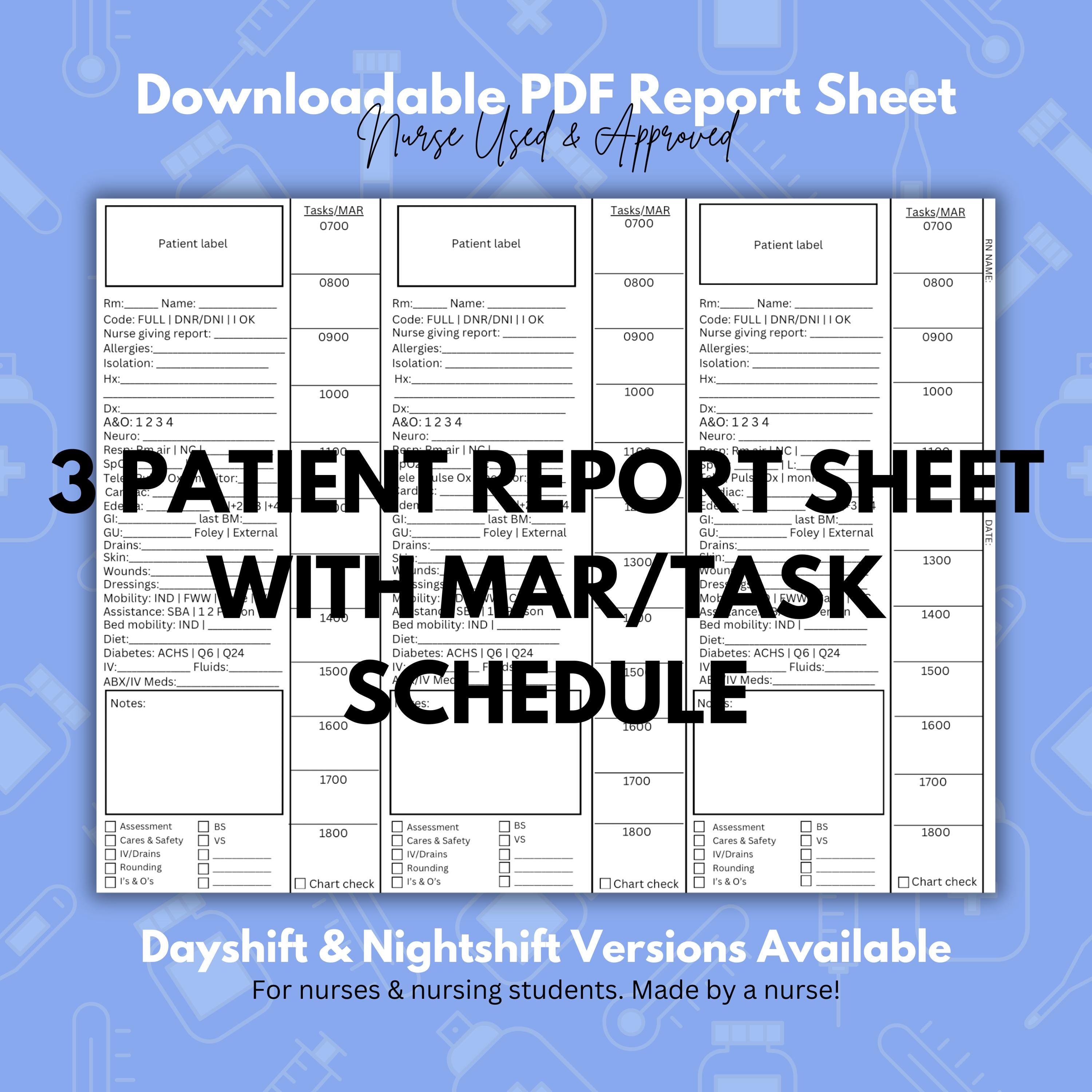 3 Patient Report Sheet With Mar/task Schedule Downloadable PDF for ...